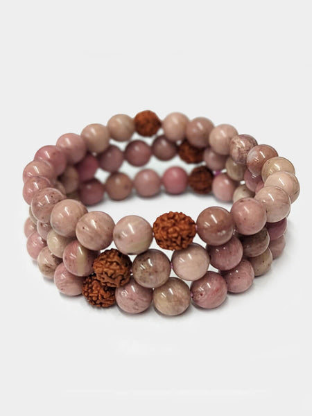 Yoga Studio Rhodochrosite Stone & Rudraksha Mala Bead Bracelet –Yoga ...